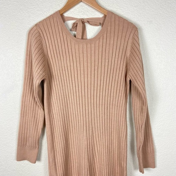 Wayf | Dresses | Nwt Wayf Ribbed Knit Sweater Dress Midi Tan Cutout Tie ...